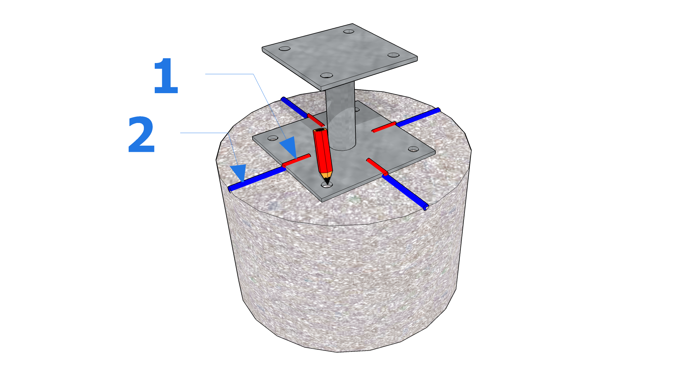 Placer le pied de poteau au droit des lignes de repère et les deux ...